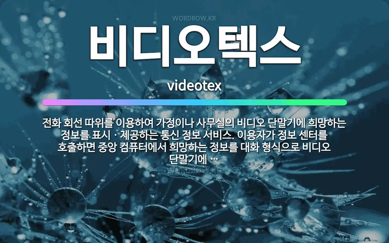 🌟비디오텍스: 전화 회선 따위를 이용하여 가정이나 사무실의 비디오 단말기에 희망하는 정보를 표시ㆍ제공하는 ... - 표준국어대사전