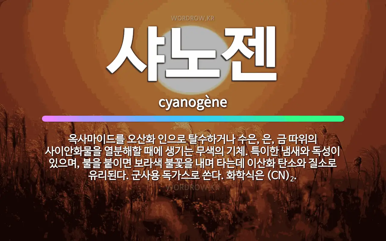 🌟샤노젠 옥사마이드를 오산화 인으로 탈수하거나 수은 은 금 따위의 사이안화물을 열분해할 때에 생기는 표준국어대사전