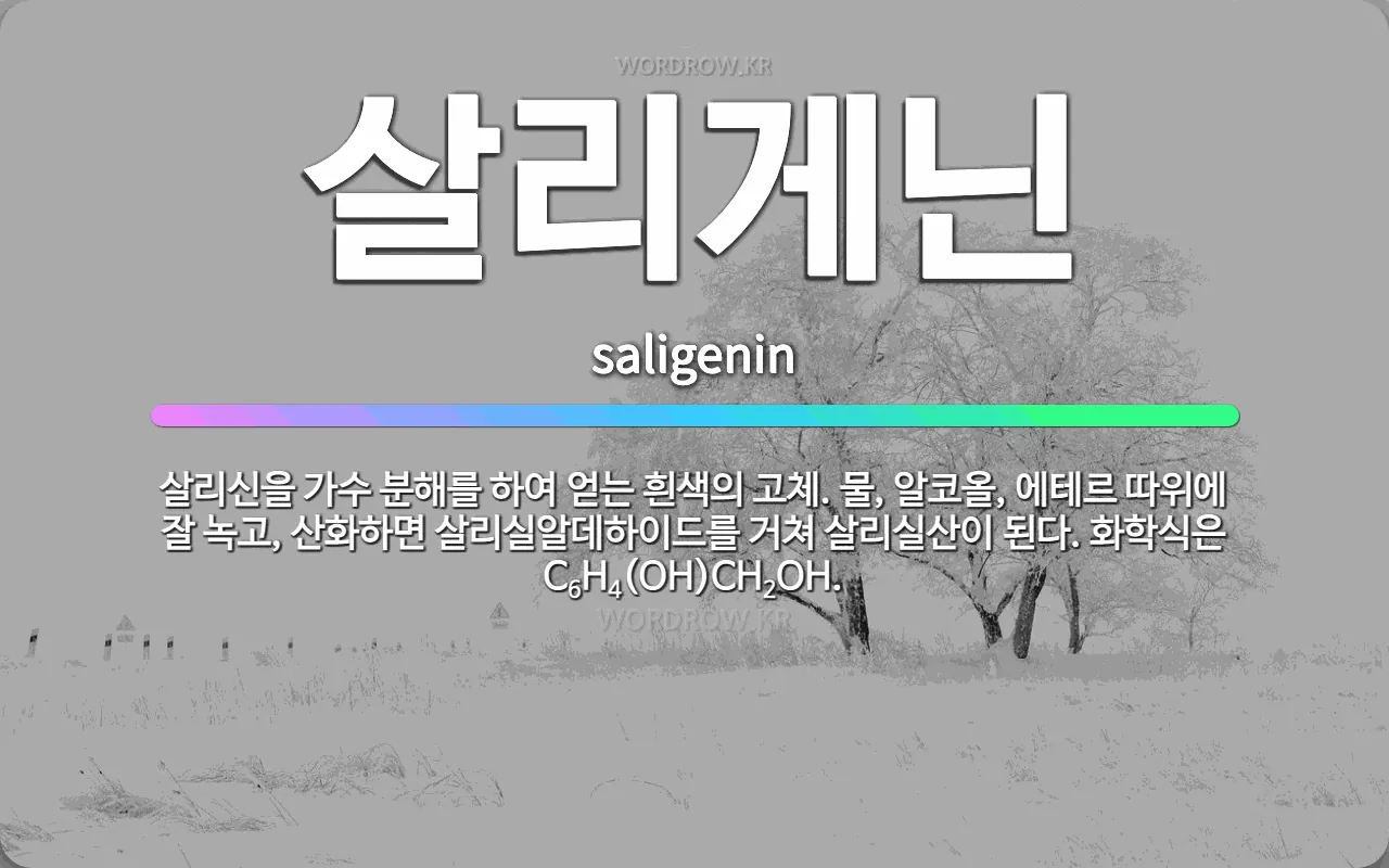 🌟살리게닌: 살리신을 가수 분해를 하여 얻는 흰색의 고체. 물, 알코올, 에테르 따위에 잘 녹고, 산화하면... - 표준국어대사전
