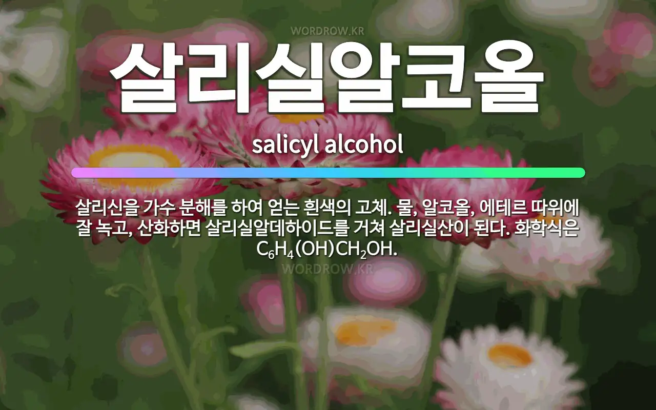 🌟살리실알코올 살리신을 가수 분해를 하여 얻는 흰색의 고체 물 알코올 에테르 따위에 잘 녹고 산화 표준국어대사전