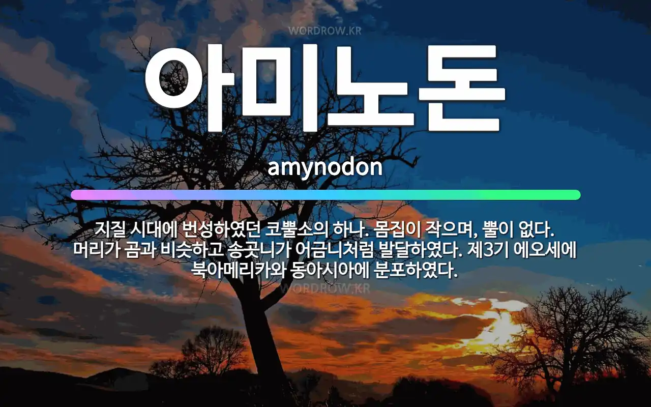 🌟아미노돈: 지질 시대에 번성하였던 코뿔소의 하나. 몸집이 작으며, 뿔이 없다. 머리가 곰과 비슷하고 송곳... - 표준국어대사전