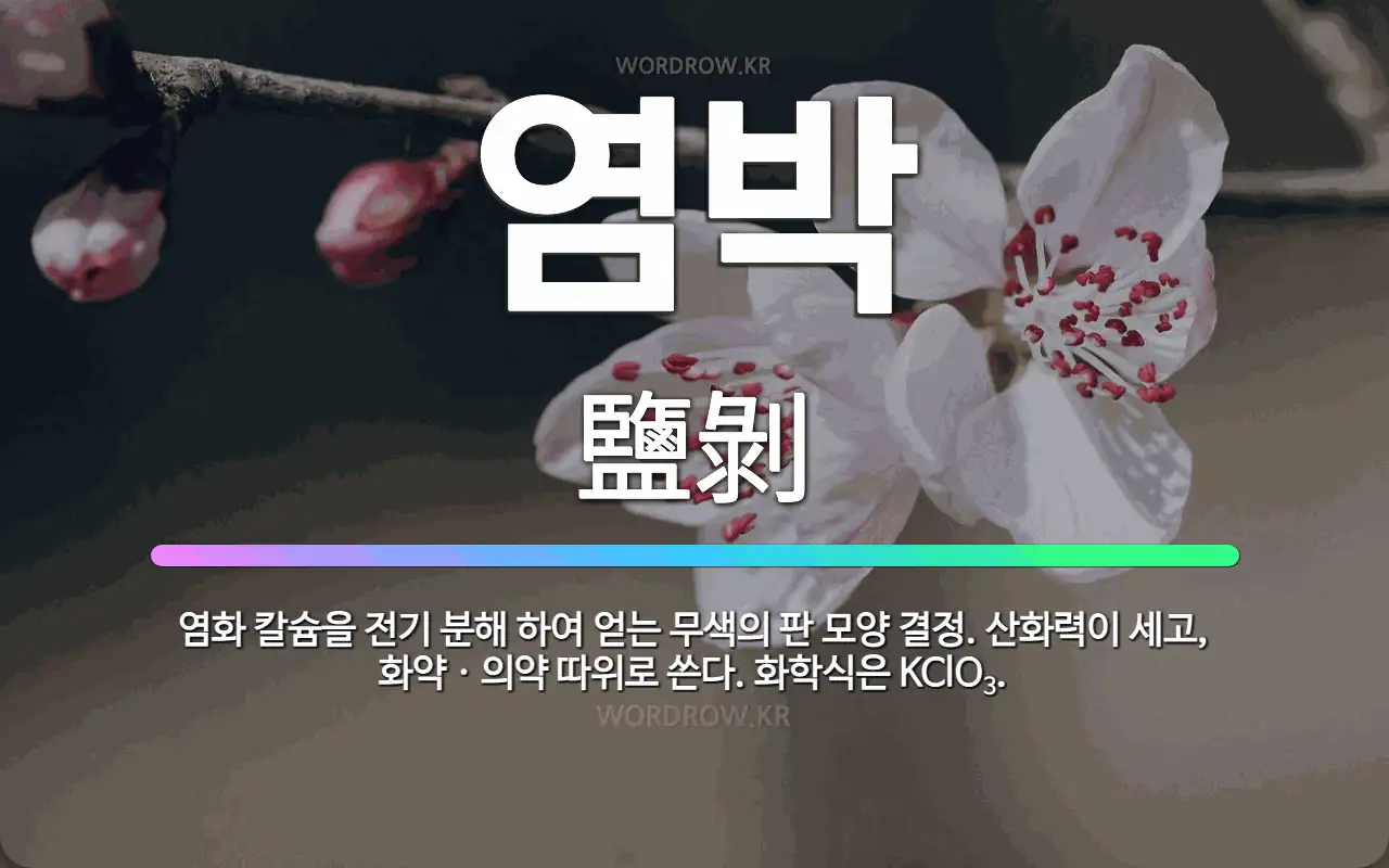🌟염박 염화 칼슘을 전기 분해 하여 얻는 무색의 판 모양 결정 산화력이 세고 화약ㆍ의약 따위로 쓴다 표준국어대사전