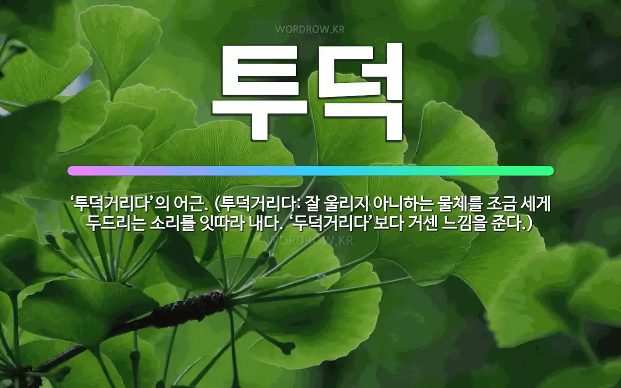 🌟투덕 ‘투덕거리다의 어근 투덕거리다 잘 울리지 아니하는 물체를 조금 세게 두드리는 소리를 잇따라 표준국어대사전