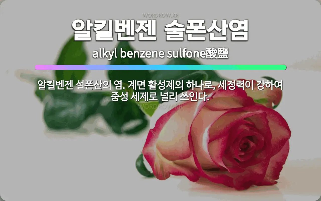 🌟알킬벤젠 술폰산염 알킬벤젠 설폰산의 염 계면 활성제의 하나로 세정력이 강하여 중성 세제로 널리 쓰인다 표준국어대사전