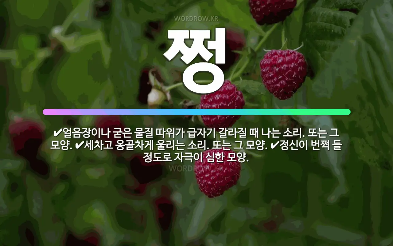 🌟쩡 얼음장이나 굳은 물질 따위가 급자기 갈라질 때 나는 소리 또는 그 모양 세차고 옹골차게 울리는 표준국어대사전
