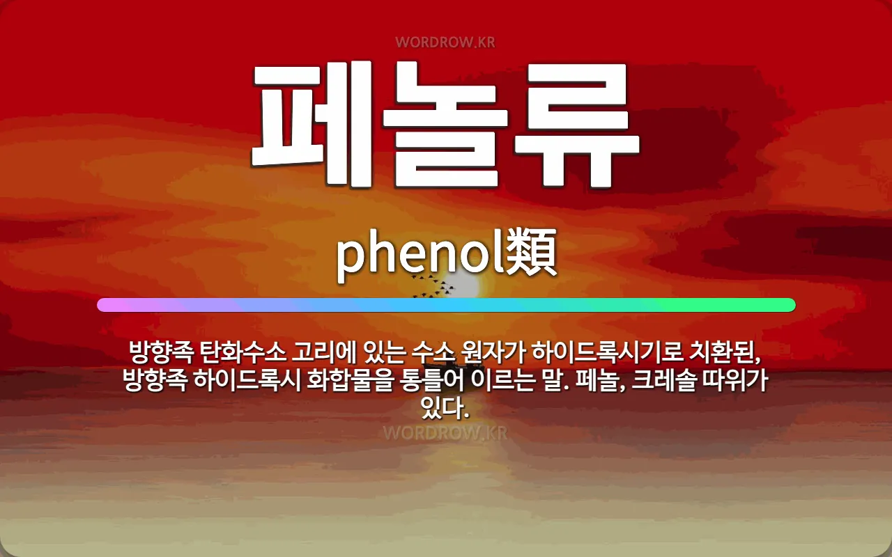 🌟페놀류 방향족 탄화수소 고리에 있는 수소 원자가 하이드록시기로 치환된 방향족 하이드록시 화합물을 통틀 표준국어대사전