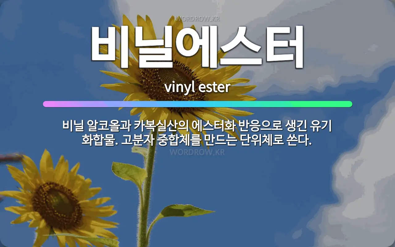 🌟비닐에스터 비닐 알코올과 카복실산의 에스터화 반응으로 생긴 유기 화합물 고분자 중합체를 만드는 단위체 표준국어대사전