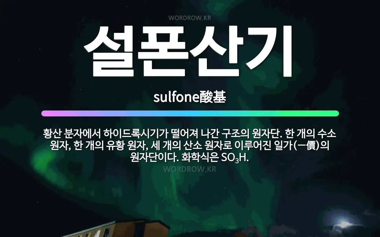 🌟설폰산기 황산 분자에서 하이드록시기가 떨어져 나간 구조의 원자단 한 개의 수소 원자 한 개의 유황 표준국어대사전