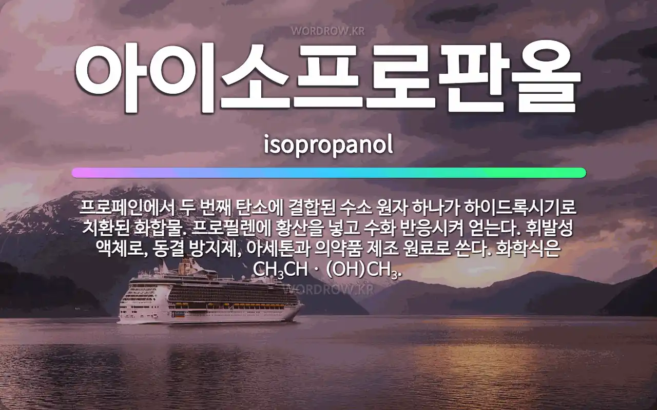 🌟아이소프로판올 프로페인에서 두 번째 탄소에 결합된 수소 원자 하나가 하이드록시기로 치환된 화합물 프로 표준국어대사전